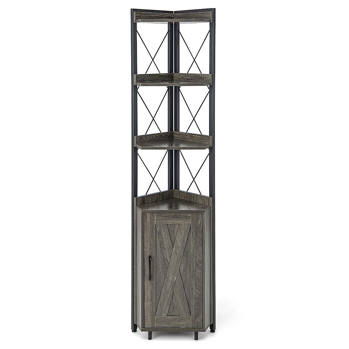 Tangkula Tall Corner Storage Cabinet, 71” Industrial 6 Tier Storage Shelf w/Door Cabinet, Corner Bookshelf Plant Stand, X-Shaped Metal Frame Standing Cabinet for Living Room, Small Spaces (Grey)