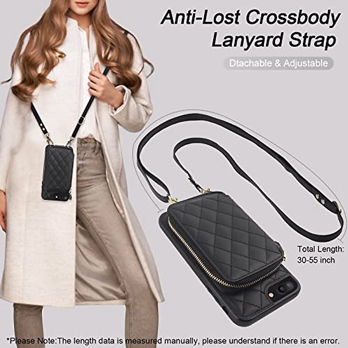 Bocasal Crossbody Wallet Case for iPhone 7/8 Plus, RFID Blocking PU Leather Zipper Handbag Purse Flip Cover, Kickstand Folio Case with Card Slots Holder Wrist Strap Lanyard 5.5 Inch (Black)