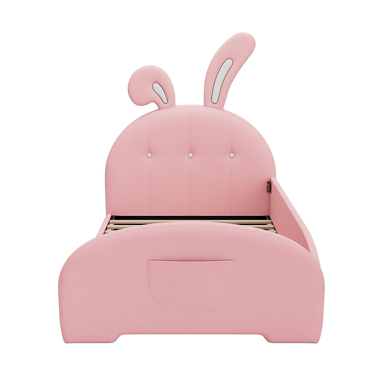 Bellemave Twin Size Upholstered Platform Bed with Bunny-Shaped Headboard, Pink Princess Bed for Girls, Low Daybed Frame with Side Rail for Kids Teens, Faux Leather