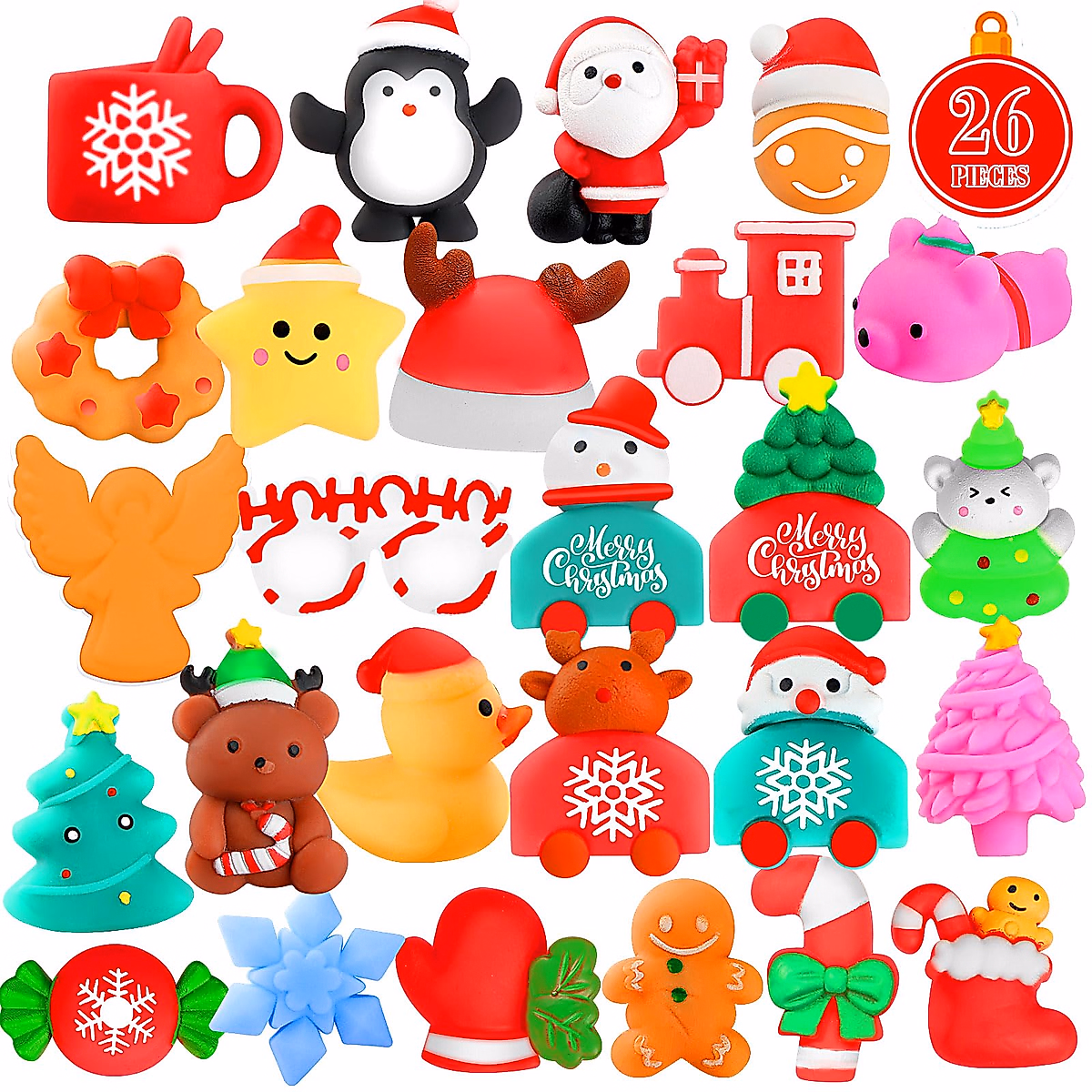LIAM&AVA Christmas Squishy Toys, 26 PCS Mochi Squishies Bulk Toy for Girls Boys Kids, Christmas Party Favors, Fidget Sensory Goodie Bags Filler Gifts Decorations