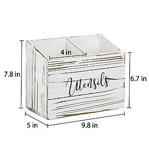 Wood Utensil Caddy for Kitchen Countertop, Utensil Holder with 2 Compartments, Wood utensil Crock for Kitchen Counter, Kitchen Utensil Organizer for Countertop, Rustic White