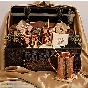 Gift Set Pure Copper Hammered Mugs with Copper Straws & Wooden Coasters Set of 4 - PREMIUM QUALITY -16 Oz Copper Mug - 100% Handcrafted - A Gift Pack for your loved Ones.