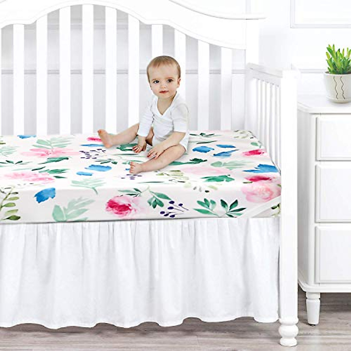 HOMRITAR Crib Sheet for Girls, Super Soft Jersey Knit Crib Sheet with Floral Design Fitted Standard Crib and Toddle Mattresses, 28"x 52"x 9'' Silky Baby Sheet, Bluch Watercolor