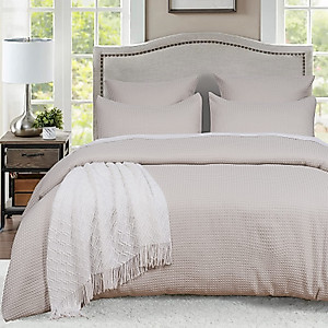 PHF Waffle Weave Duvet Cover Set Queen Size, 3PCS Washed Microfiber Boho Comforter Cover Set, Ultra Soft Comfy Duvet Cover with Pillow Shams Bedding Collection, 90"x90", Light Khaki