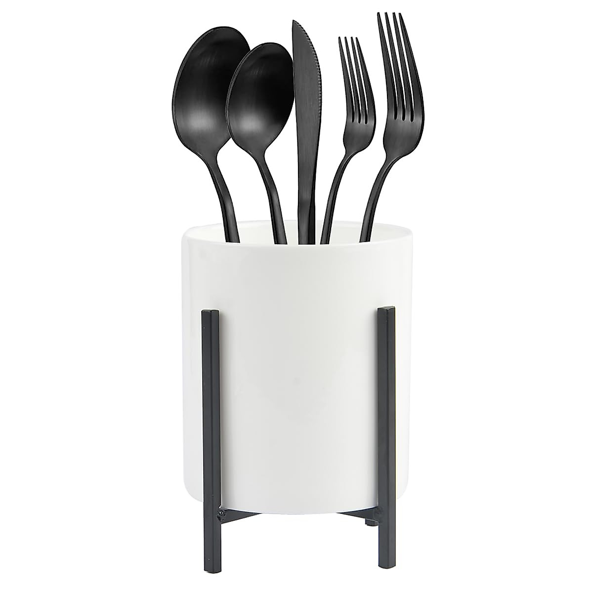 MONOSUGO Silverware Holder for Countertop, Kitchen Spoon and Fork Holder, Utensil Caddy Countertop Utensil holder, Ceramic Cutlery Holder Robust Silverware Caddy with Black Metal Frame, 1 Pcs