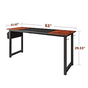 Decoholic 63 Inch Home Office Computer Two-Color Panel Desk with Storage Bag and Hook, Black, Sandalwood Color, Industrial Modern Laptop Desk