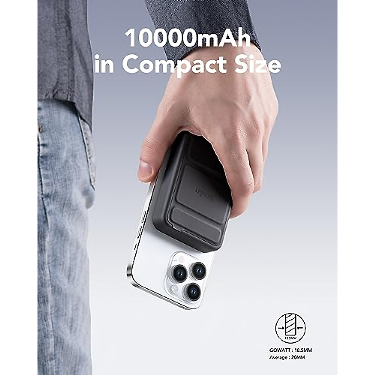 GOWATT Snap Power Bank, 10000mAh 20W MagSafe Compatible Battery Pack with a Foldable Stand, Fast Charging and Portable Magnetic Power Bank, Compatible for iPhone 12/13/14/15 Series, Black