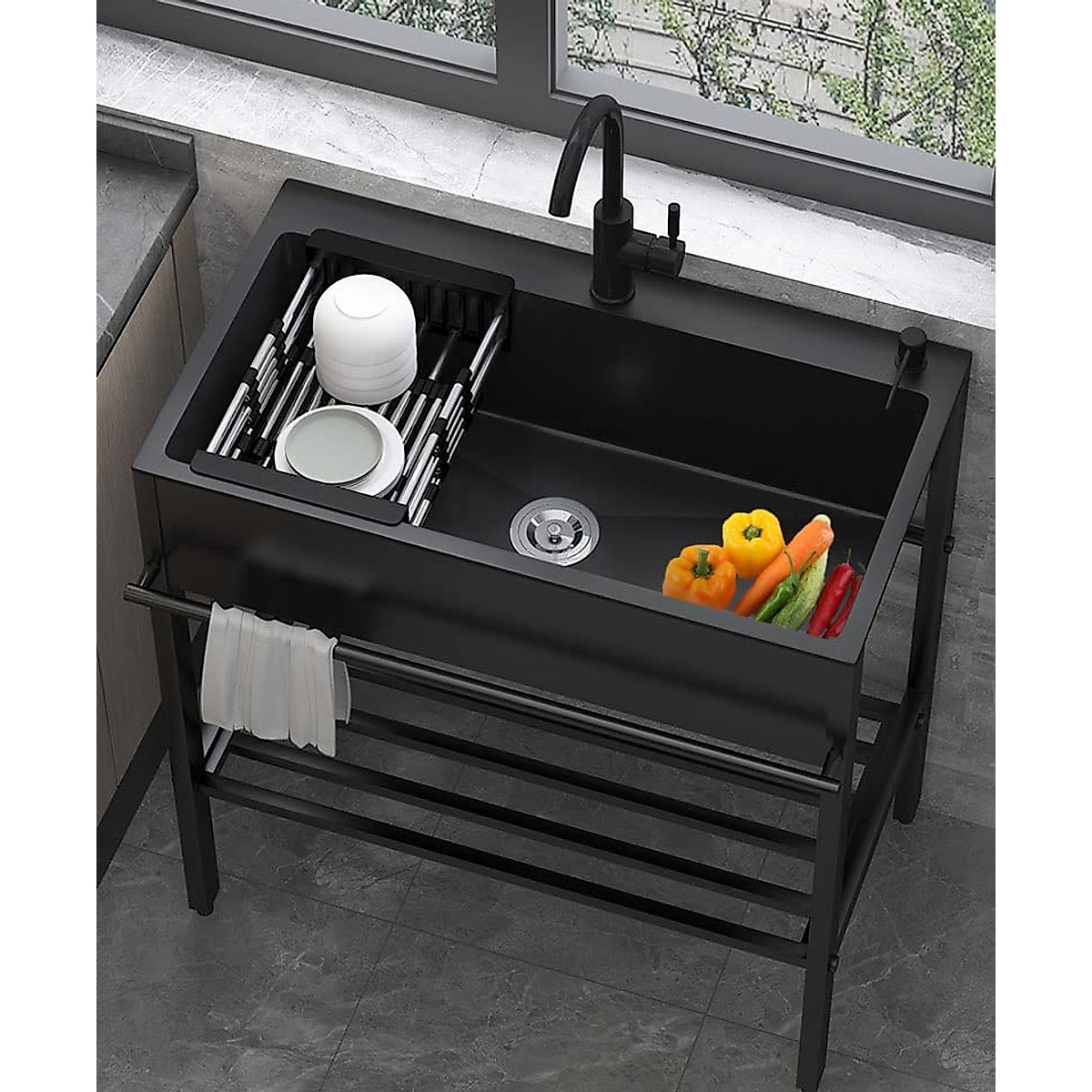 Stainless steel black utility sink, stainless steel, kitchen sink,Eco-friendly paint-free integrated sink with drainer basket, pull-out faucet, drainpipe and filter basket, (Size : 17.7"*32"(45cm*80c