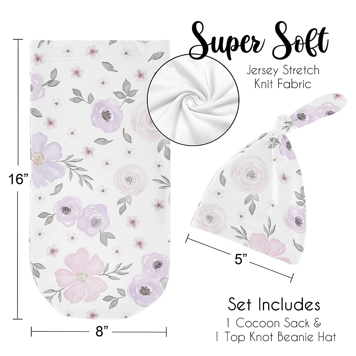 Sweet Jojo Designs Watercolor Floral Baby Girl Cocoon and Beanie Hat 2pc Set Jersey Stretch Knit Sleeping Bag for Infant Newborn Nursery Sleep Wrap Sack - Lavender Purple Pink Grey Shabby Chic Flower