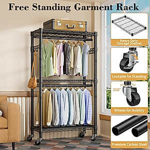Heavy Duty Clothes Rack Rolling Garment Rack,3 Tier Adjustable Wire Shelving Clothing Racks for Hanging Clothes with Double Rods&Side Hooks,Freestanding Wardrobe Storage Rack Metal Portable Closet