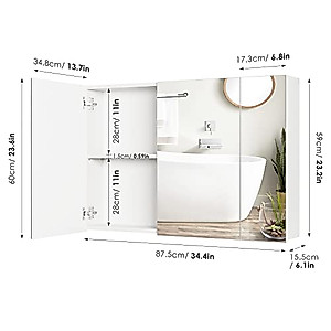 FOTOSOK Medicine Cabinet with 3 Mirrored Doors, Surface or Recessed Mount Bathroom Medicine Cabinet, Frameless Mirror Cabinet, 34.4" W x6.1 D x 23.6" H