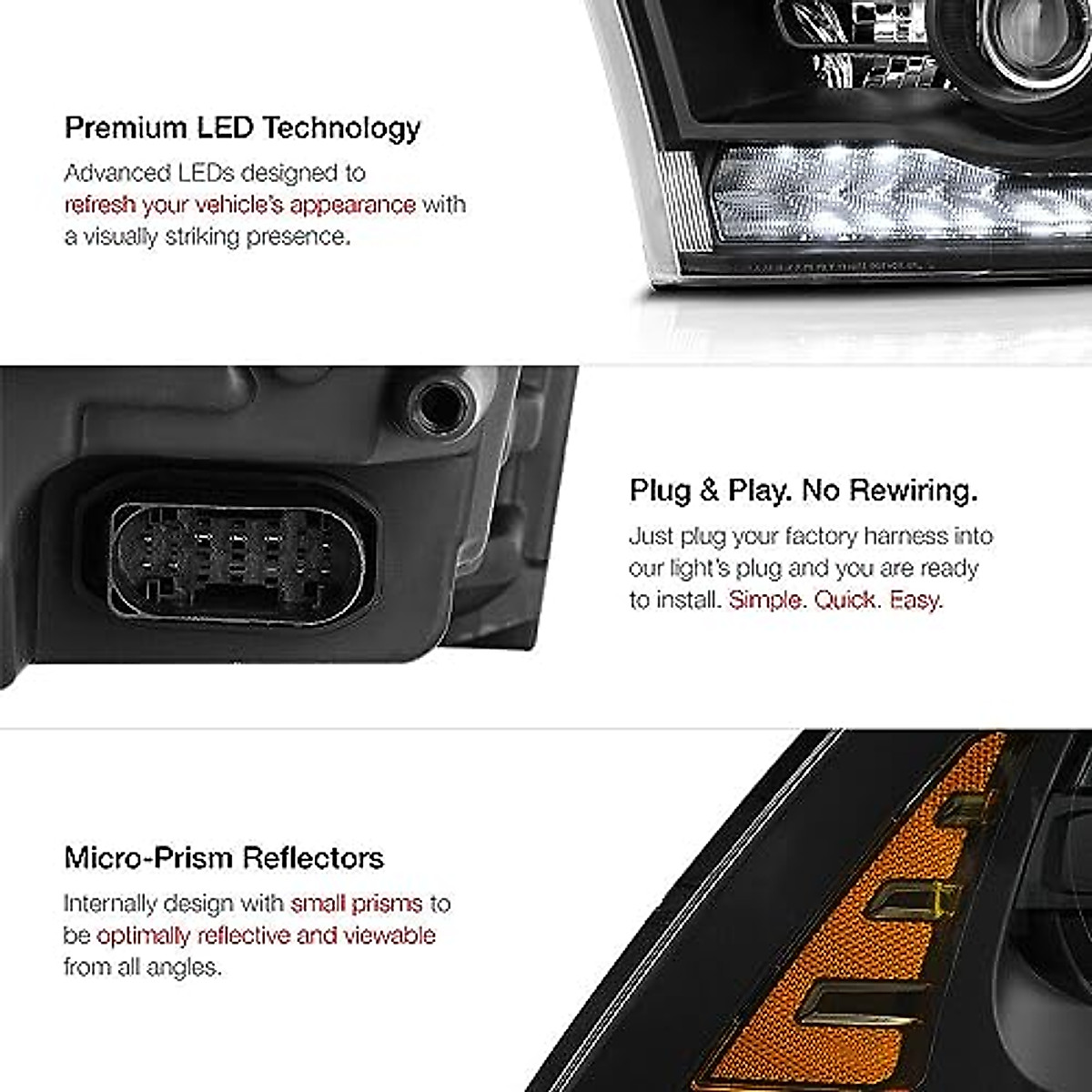 HH Building 2pcs Headlight Projector Front Left Right Driver Passenger Side Clear Lens Black Housing Drl HD-JH-DR13-LED-BK CH2502244 68324941AB