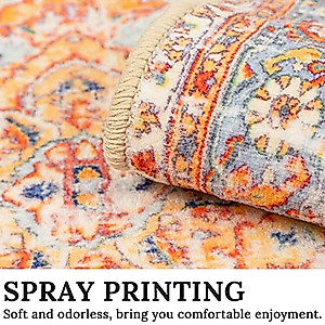 MUJOO Machine Washable Rugs 3x5 Boho Area Rug Small Area Rugs Non Slip for Entryway Bedroom Bedside Kitchen Hallway Living Room Laundry Room Persian Indoor Mat Soft Low-Pile Burnt Orange and Blue