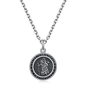 VENICEBEE® Saint Christopher Protect Us Medal St. Christopher Protection Devotional Christian Amulet Solid 925 Sterling Silver Pendant Necklace + Velvet Pouch, Polishing Cloth, Fine Gift Box