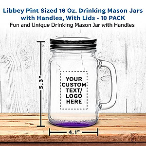 10 Libbey Handle Mason Jars with Lids Set, 16 oz. - Personalized Text, Logo - Traditional style, Drinking, Glassware - Purple