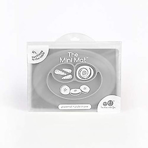 ezpz Mini Mat - 100% Silicone Suction Plate with Built-in Placemat for Infants + Toddlers - First Foods + Self-Feeding - Comes with a Reusable Travel Bag (Gray)