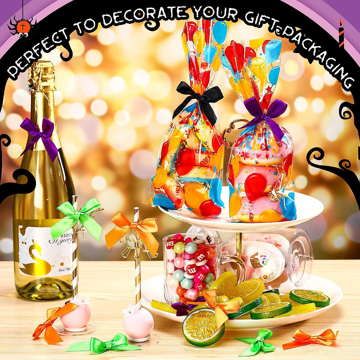 120 Pieces Mardi Gras Twist Bow Satin Twist Tie Bows Fabric Bows for Crafts Polyester Craft Bows Decorating Ribbon Bows Gift Wrap Bows for Candy Bags Decoration (Purple, Orange, Light Green, Black)