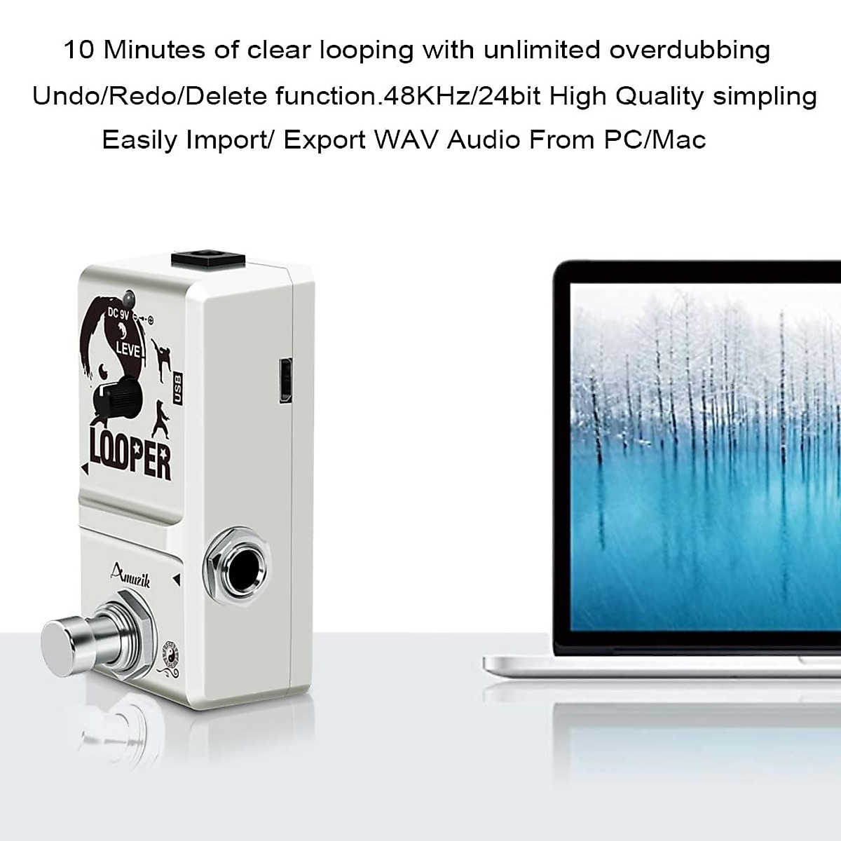 Amuzik Looper Electric Guitar Effect Loop Pedal 10 Minutes of Looping Unlimited Overdubs USB Port True Bypass