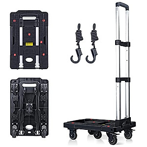Folding Hand Truck, 330 Lbs Foldable Hand Truck Dolly Cart Heavy Duty Collapsible Trolley Portable Platform Luggage Cart with 5 Wheels & 2 Elastic Ropes for Moving, Shopping, Travel, Home, Office Use