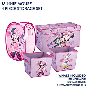 Disney Minnie Mouse 4 Piece Storage Solution Set with Pop Up Hamper, Collapsible Storage Trunk and 2 Nestable Storage Bins