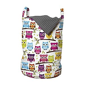 Lunarable Owls Laundry Bag, Owls in The Forest Woodland Celebration Friendship Togetherness Themed Artwork Print, Hamper Basket with Handles Drawstring Closure for Laundromats, 13" x 19", Multicolor