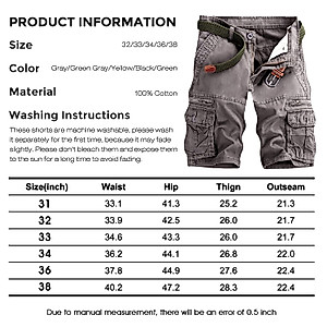 Mens Cargo Shorts Casual Work Shorts Multi Pockets Relaxed Fit with No Belt Cotton Grey Green 34