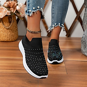 HINDOLA Women's Fashion Rhinestone Mesh Sneaker Knit Slip On Shoes Breathable Glitter Walking Shoes Ballroom Jazz Latin Dance Sock Sneakers Black