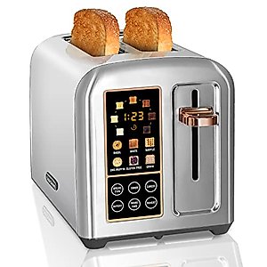 SEEDEEM Toaster 2 Slice, Stainless Steel Bread Toaster with LCD Display and Touch Buttons, 50% Faster Heating Speed, 6 Bread Selection, 7 Shade Settings, 1.5''Wide Slots Toaster with Cancel/Defrost/Reheat Functions, Removable Crumb Tray, 1350W, Silver Met