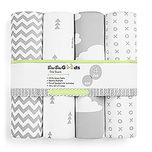 BaeBae Goods Premium Crib Sheets for Baby Boys and Girls, 4 Pack, Soft and Breathable Jersey Knit Fitted Sheet Set, Grey and White, Cute Gender Neutral Nursery Mattress Bedding, Universal Fit