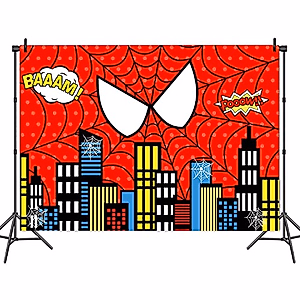 Vinyl 7x5ft Red Spider Web Photography Backdrop for Children Boys 1st Birthday Party Banner Decorations Superhero Theme Cityscape Photo Background Baby Shower Photo Booth Supplies