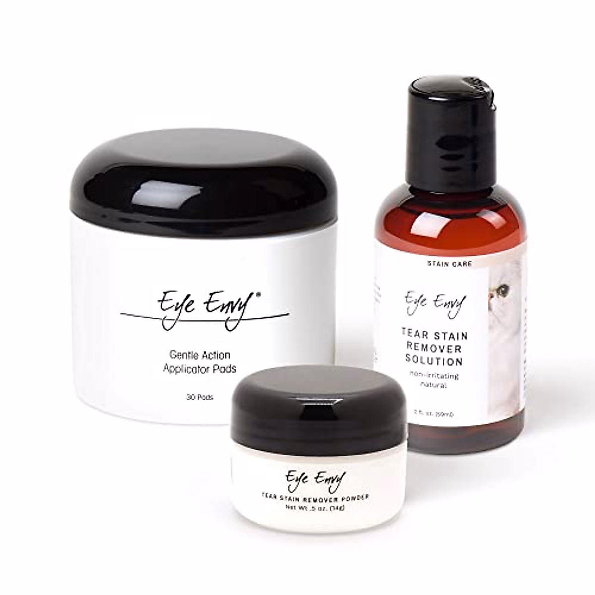 Eye Envy Cat Tear Stain Remover Starter Kit | Tear Stain Essentials in one kit at a 2-Step System | Lasts 30-45 Days | Solution 2 fl.oz, Applicator Pads 30 Count and Powder 0.5oz