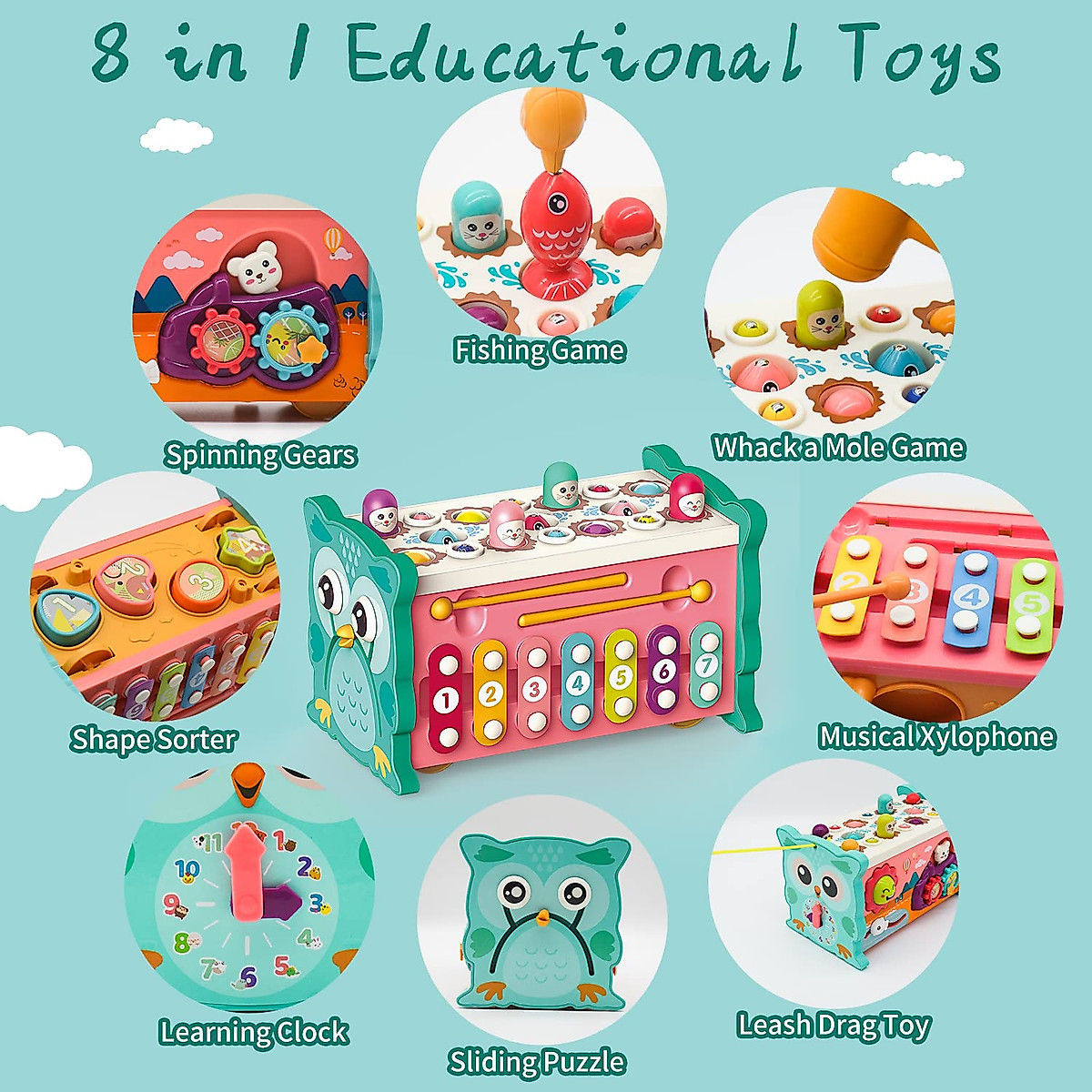 VEAIS Hammering Pounding Toys, 8 in 1 Wooden Montessori Fishing Game Xylophone Whack a Mole Game, Baby Early Development Toy Toddler Activities Gift Age2 3 4+ (Standard)…