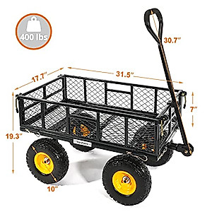 Yardsam Heavy Duty Steel Garden Cart with No-Flat Tires and Liner, 400Lb Capacity Lawn Yard Wagon with Flat-Free Tire Solid Wheels and Removable Sides for Outdoor, Gardening, Farm, Ranch - Black