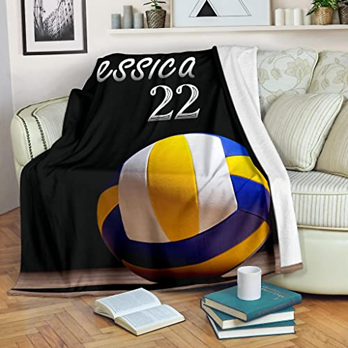 OhaPrints Custom Volleyball Black Volleyball Ball Lover Gift Personalized Name Number Soft Sherpa Throw Blankets Cozy Fuzzy Fleece Throws for Tv Sofa Couch Comfy Fluffy Blanket 30X40 50X60 60X80