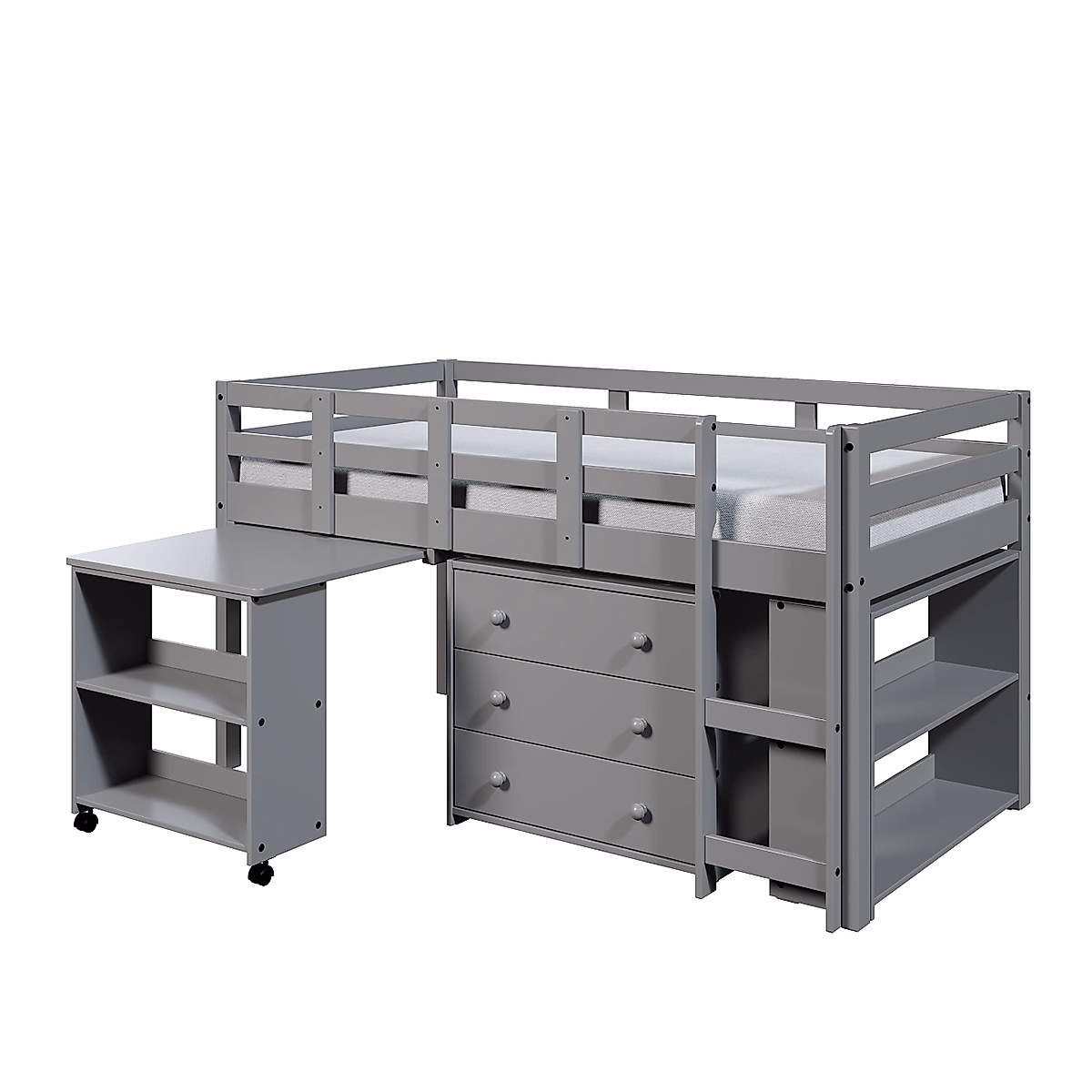 CARTESIAN Grey Solid Wood Twin Kids Low Loft Bed Frame with Rolling Desk, Drawers and Shelves