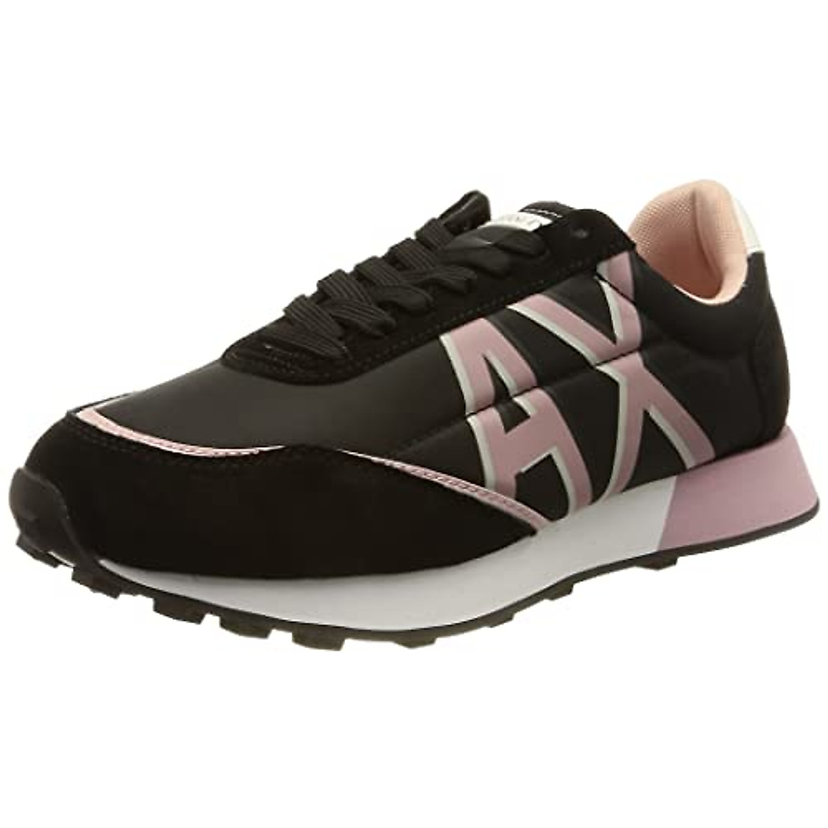 A|X Armani Exchange Women's Contrasting Lettering Logo Lace Up Sneaker with Suede Detailing, Black+Rose, 6