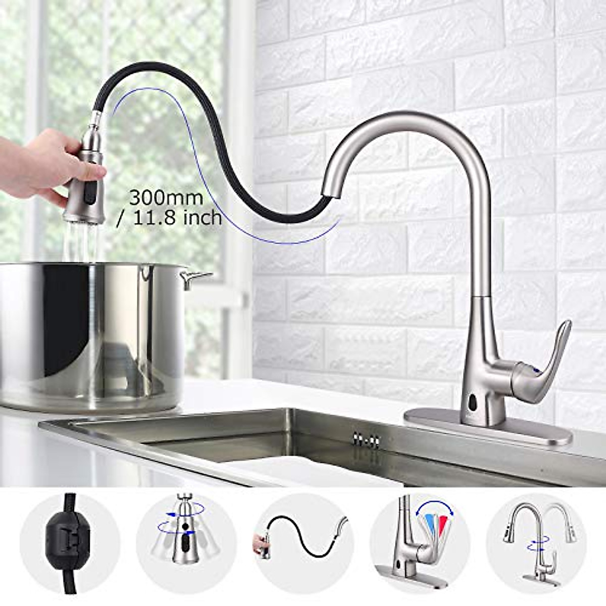 Touchless Kitchen Faucet, Himimi Brushed Nickel Kitchen Faucet with Pull Down Sprayer, Single Handle and Dual Sensors Smart Faucet for Kitchen Sink, Stainless Steel Kitchen Faucet, Anti-Fingerprint