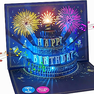 MZD8391 UPGRADED 3D Pop Up Firework Birthday Cards, Musical & LED Lights Birthday Cards with Blowable Birthday Cake, Greeting Cards, Birthday Gifts for Mom Women Men Kids Child Dad Father Wife (Blue)