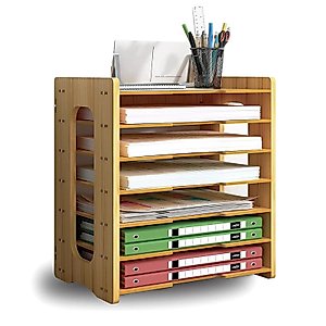 Catekro 7-Tier Desk Organizer, Wood Desktop Accessories, Complimentary Four rulers, Storage Box Office Supplies Organization, Large Capacity Decor File for Office, School and Home(Brown)