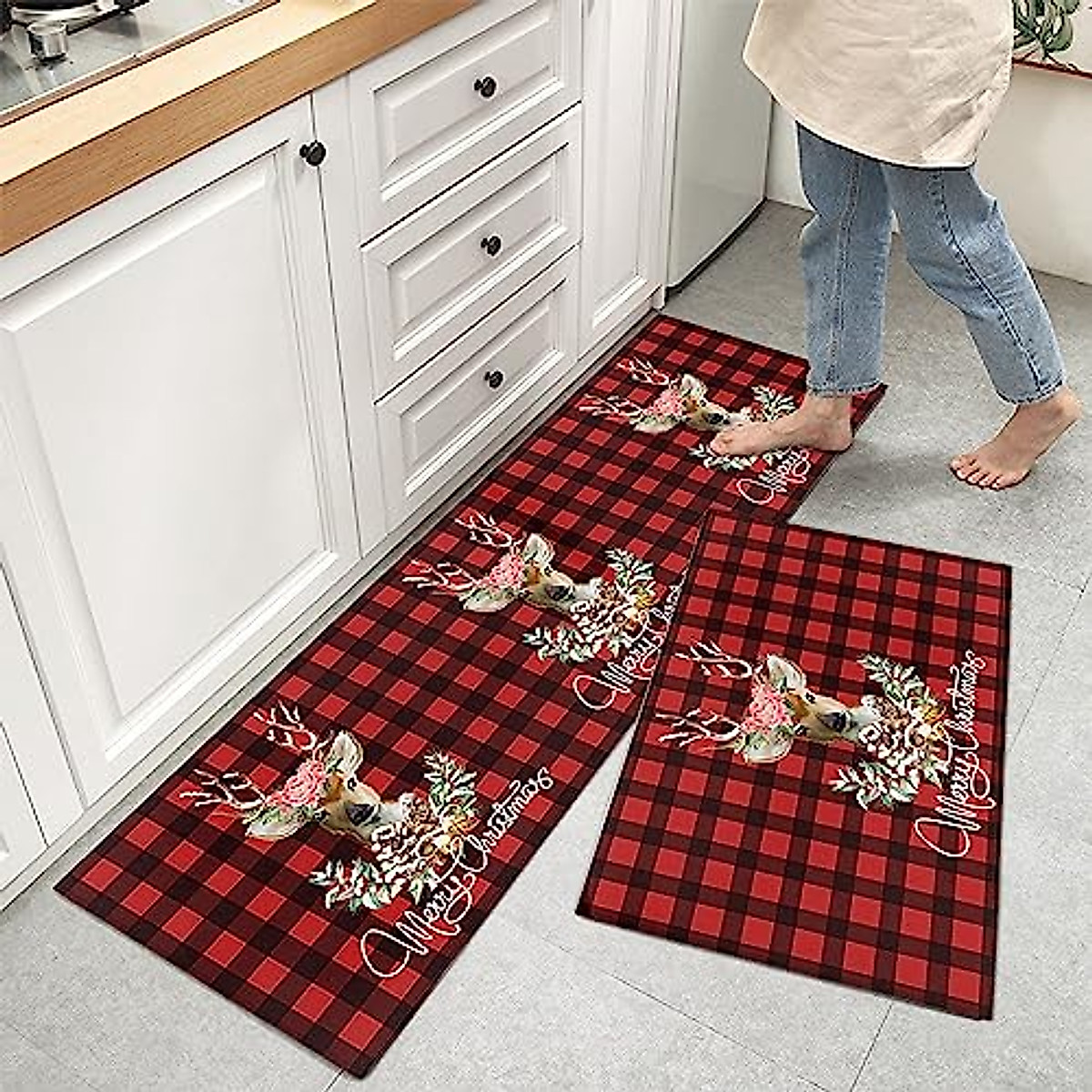 Miaklek Merry Christmas Kitchen Mats for Floor Anti Fatigue Mats for Kitchen Floor Kitchen Rugs Cushioned Mats Non Slip Comfort Standing Kitchen Rugs Set of 2, Xmas Elk Holiday Red Black Check
