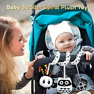 Ebrima Baby Spiral Activity Car Seat Toys, Black and White Baby Toys, High Contrast Baby Sensory Toys, Newborn Hanging Plush Stroller Toys for 0 3 6 9 12 Months Boys Girls (Owl)