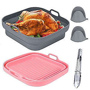 SelfTek 2Set Air Fryer Silicone Liners Pot Square, Reusable Air Fryer Basket Fit for 8QT 6QT, Foldable Baking Tray with Oven Mitts & Serving Tongs (3.8-9.5Qt)