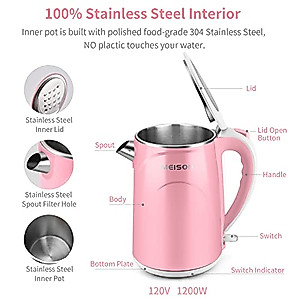 MEISON Electric Kettle, 1.7 L Double Wall Food Grade Stainless Steel Interior Water Boiler, Coffee Pot & Tea Kettle, Auto Shut-Off and Boil-Dry Protection, 1200W, 2 Year Warranty(Pink)