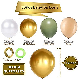 Sage Green Gold White Latex Balloons,50 Pcs 12 Inch Green and blush Gold Party Balloons For Birthday Baby Shower Engagement Wedding Anniversary Party Decorations