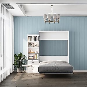 WOXYX Full Size Murphy Bed with Shelf and Drawers, Mordern Design Multifunctional Foldable Platform Bedframe Gas Struts,White