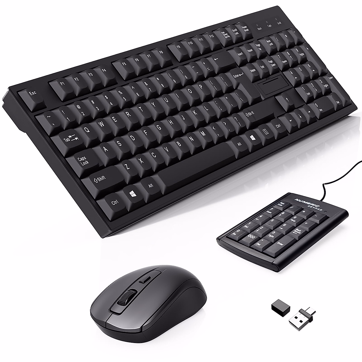 Wireless Keyboard and Mouse Combo-Full Size QWERTY Layout 2.4G Stereo Keycap Ergonomically Designed for Laptop,PC,Notebook,Windows,Computer Wired Numeric keypad,with USB-A&USB-C 2-in-1 Receiver