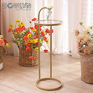 Gold Glass Small Drink Snack Accent Martini Table, C Shaped Side End Table, No-Assembly, 10" D x 28.5" H