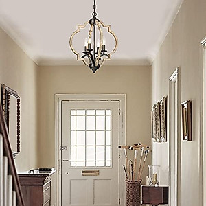 Lampundit Farmhouse Geometric Chandelier Light Fixture, 4 Light Wood Chandelier for Dining Room Kitchen Foyer Hallway Entrywa, Wood & Black Finish