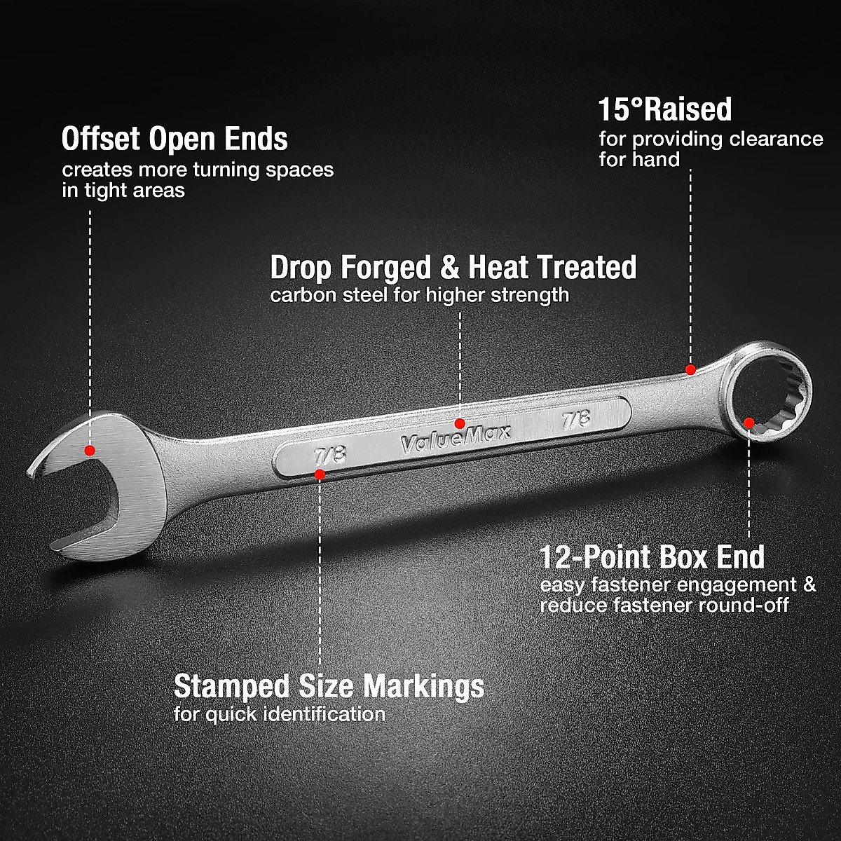 ValueMax SAE Combination Wrench Set, 11PCS Mechanic Wrenches from 1/4" to 7/8" with Rack Organizer, Open End and 12-Point Box End Wrench Mechanic Set, For General Household, Car Emergency