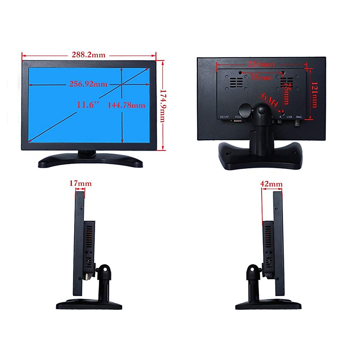 iChawk 11.6" 12" inch Display 1366x768 16:9 HD Widescreen Metal Case HDMI-in VGA BNC AV Built-in Speaker Industrial LCD Screen Monitor For PC Display, USB Port Pluggable U-disk Video Player W116MN-591